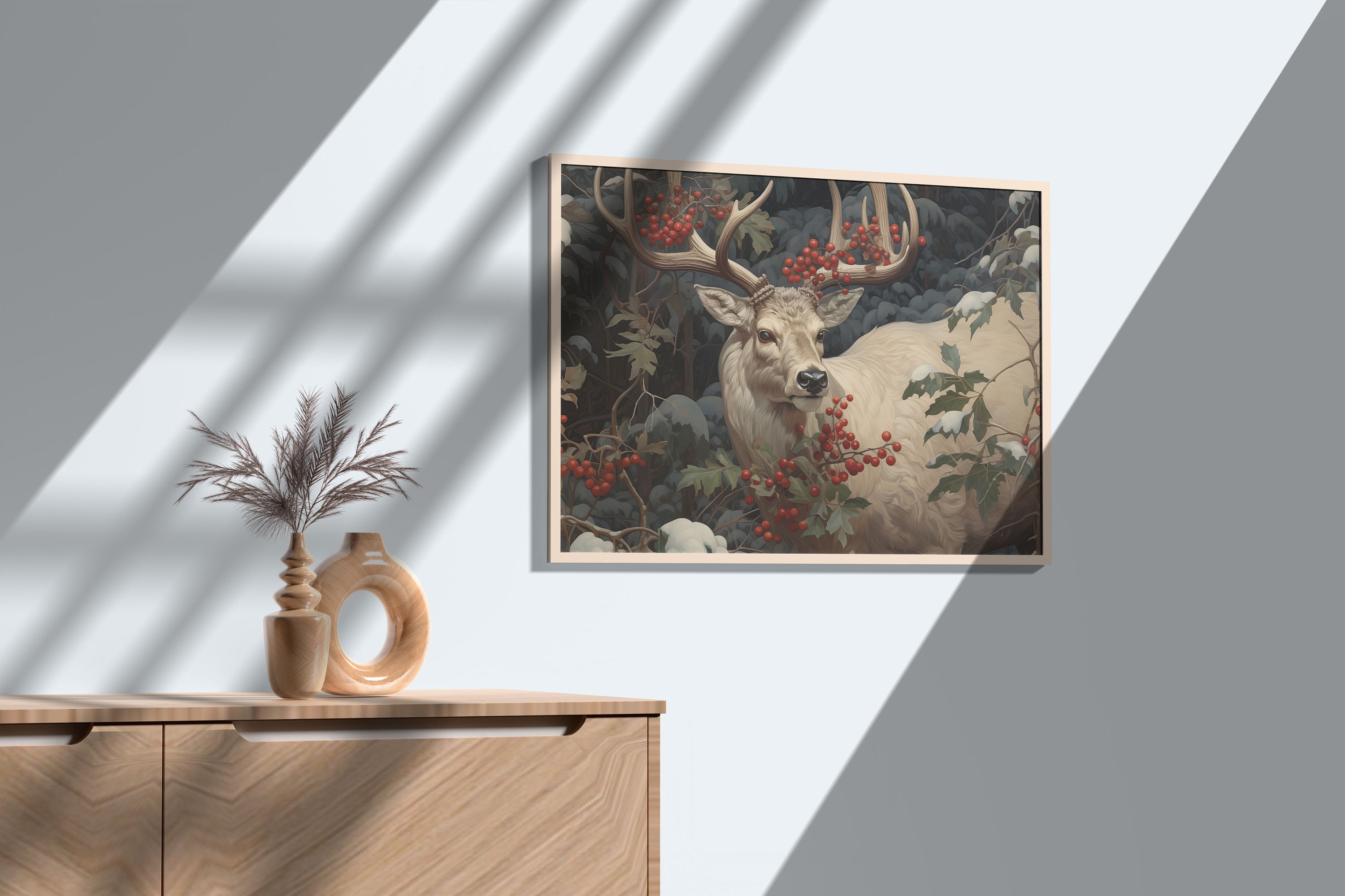 Reindeer Berries Christmas Print, Holiday Decor Print, Winter Reindeer ...