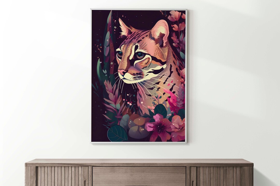 Ocelot Cat Flower Print | Jungle Poster Gift | Ocelot Floral Print ...