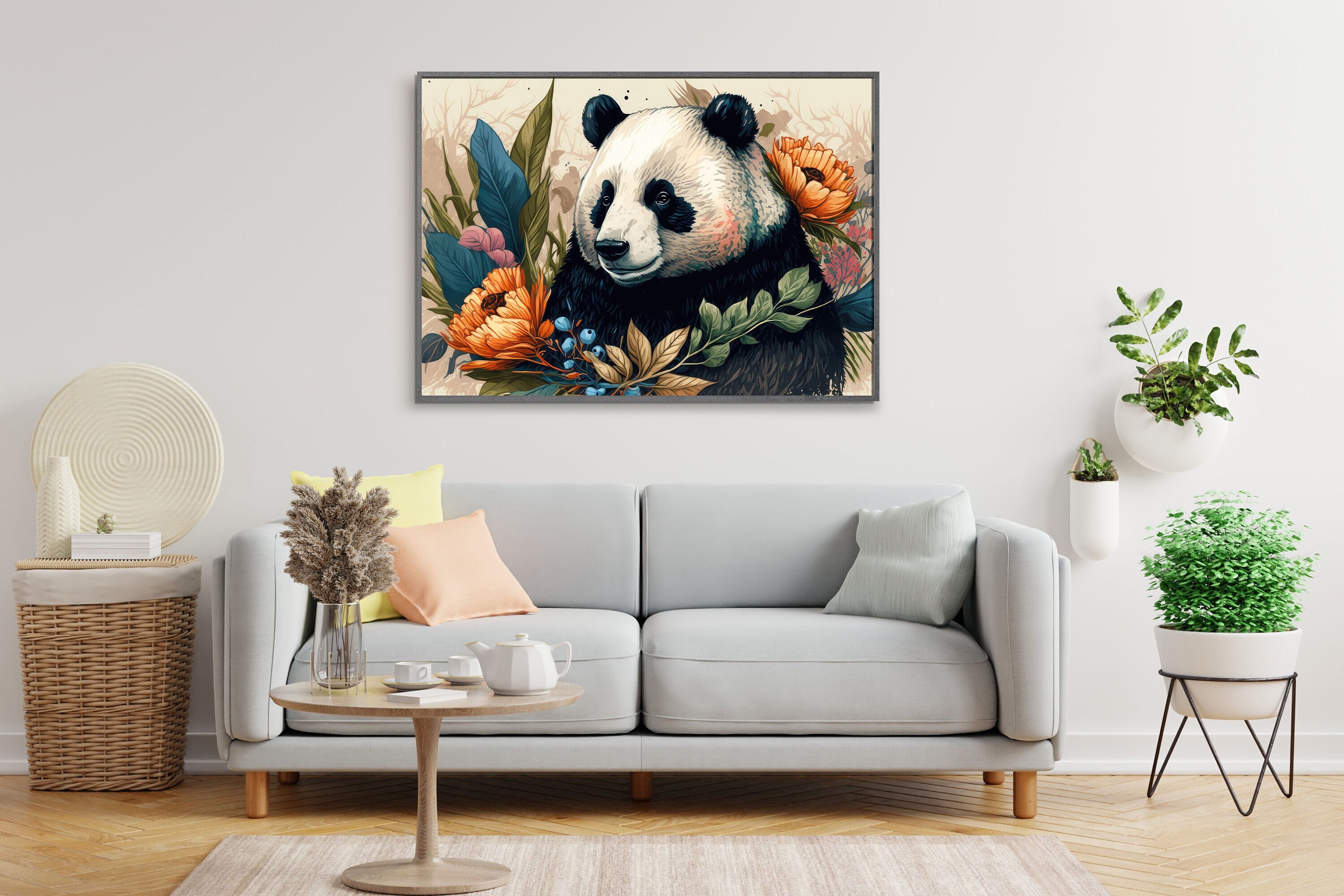 Modern Panda Bear Floral Poster | Japanese Minimalist Artwork Prints ...