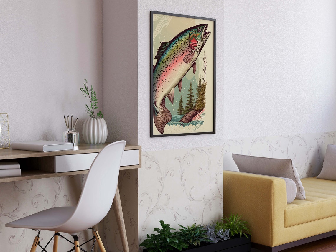 Rainbow Trout Fly Fishing Poster | Mountain House Cabin Decor | Fish ...