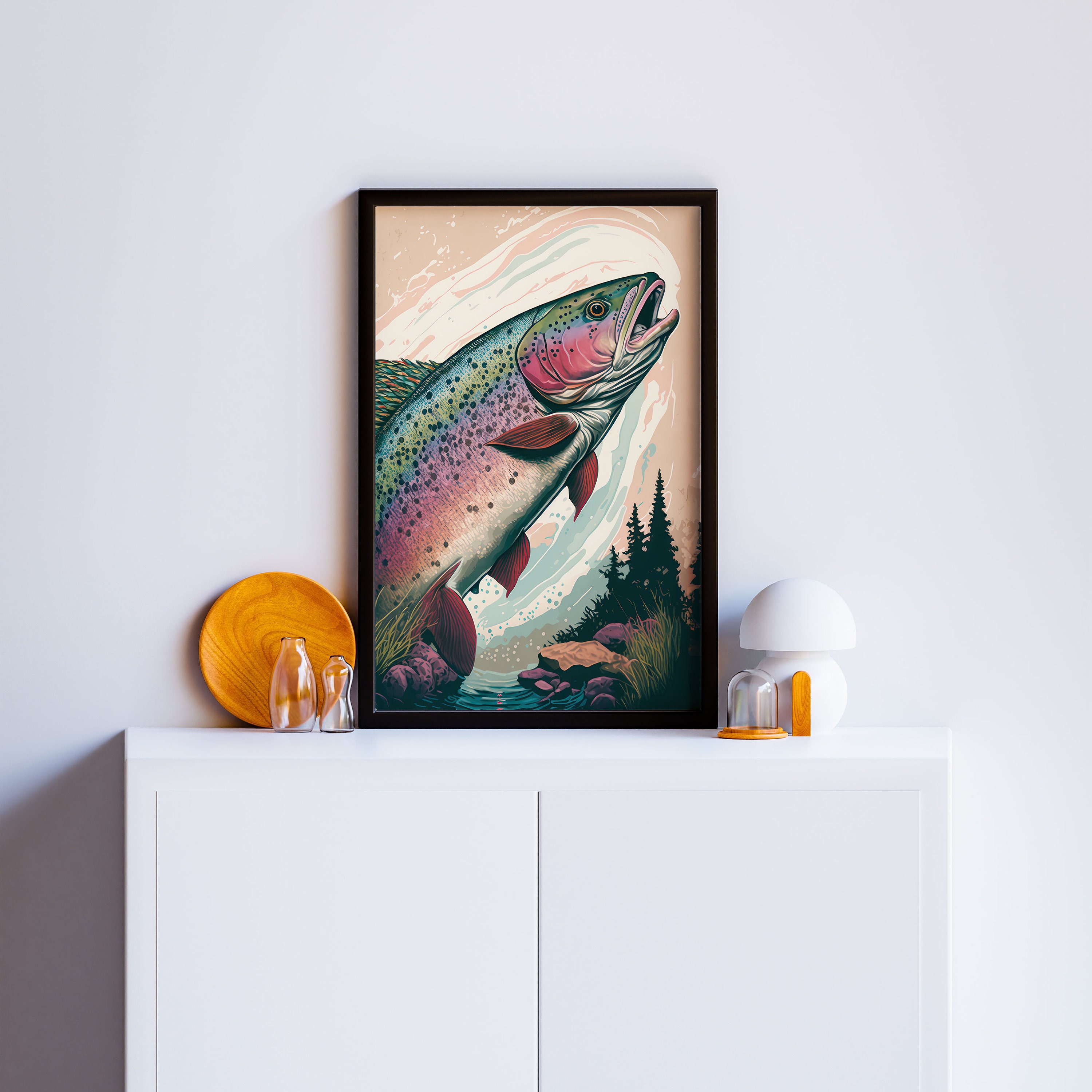 Rainbow Trout Fishing Poster, Mountain House Cabin Decor, Fly Fishing ...