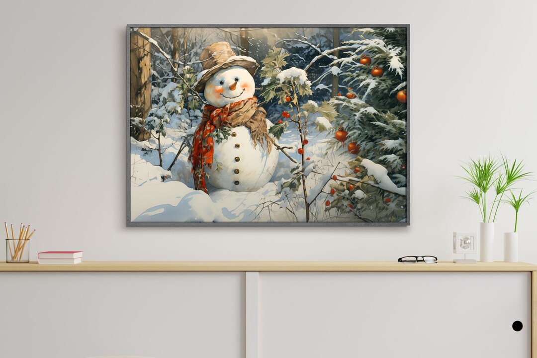 Winter Snowman Berries Decor Printable Christmas Wall Art Snowman ...