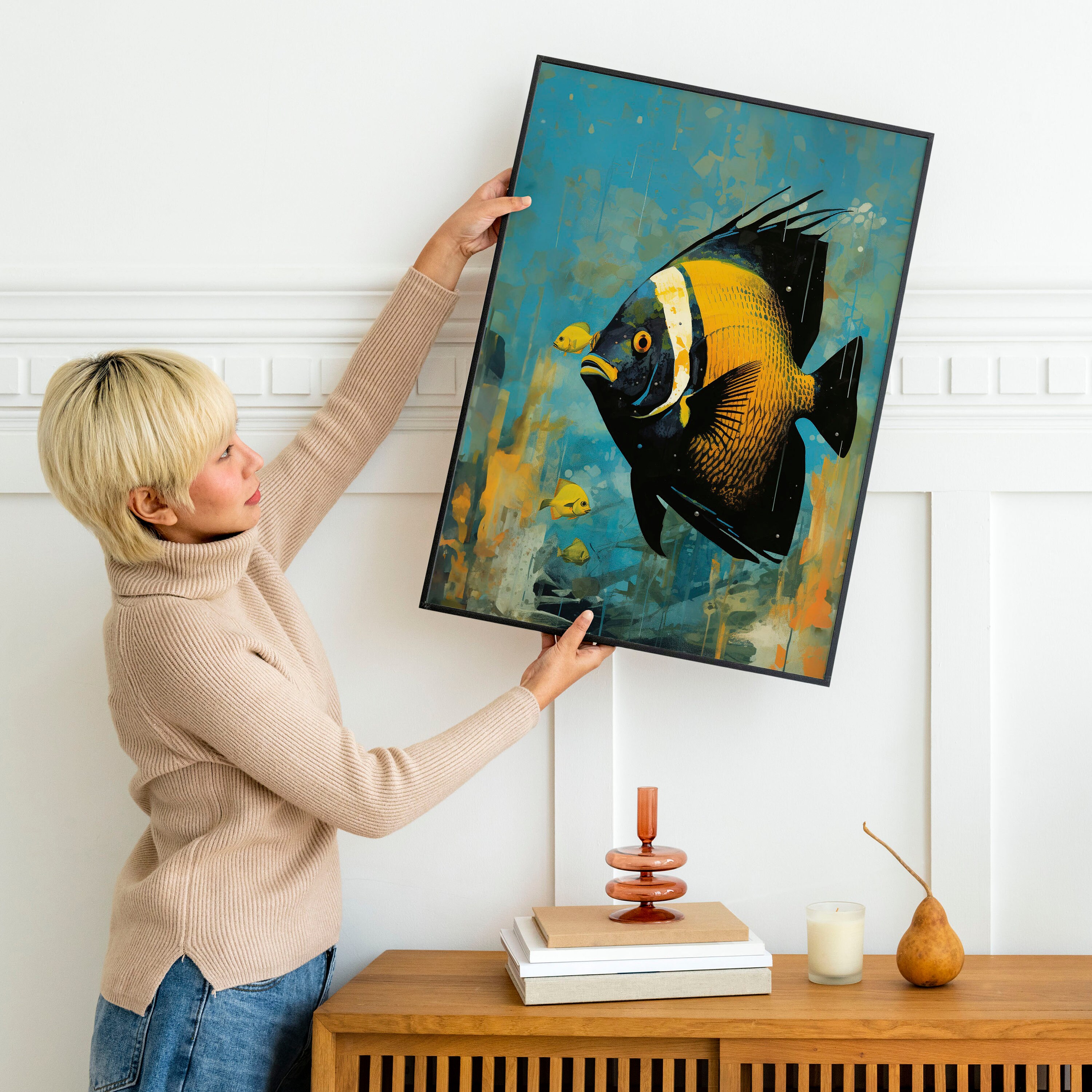 Queen Angelfish Ocean Art, Watercolor Painting Undersea Reef, Tropical ...