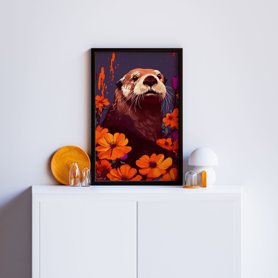 Sea Otter Portrait Floral Print, Wildlife Decor, Ocean Animal Wall Art ...