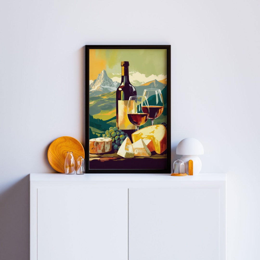 Wine & Cheese Decor, French Cafe Print, Modern Dining Room Wall Art ...