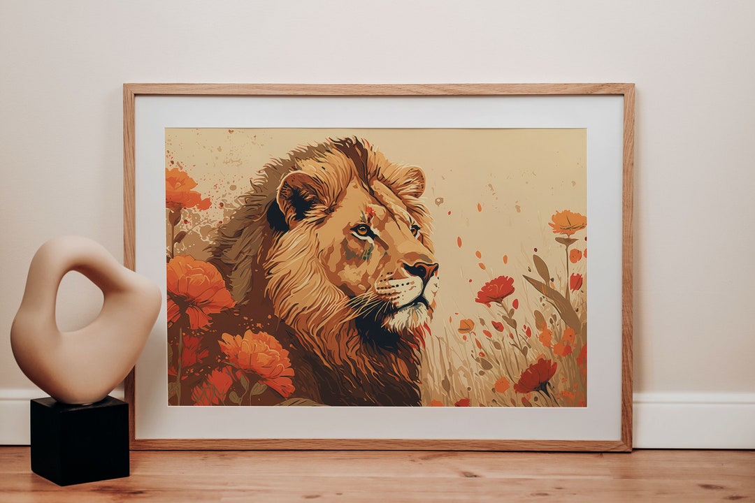 Contemporary Lion Floral Poster Print Modern Wall Decor African ...