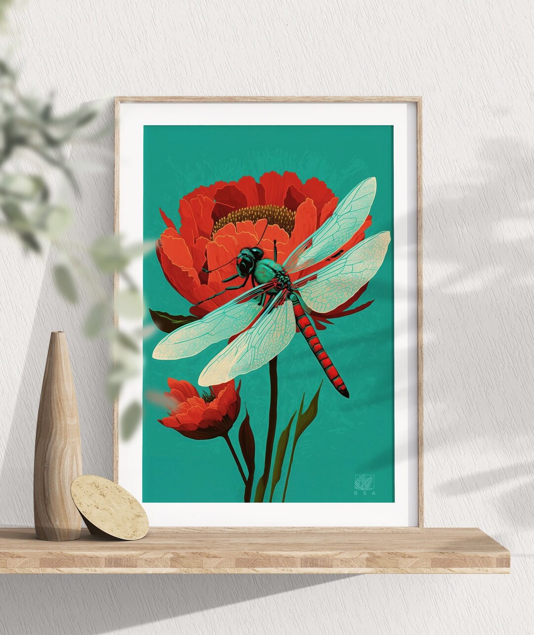 Dragonfly Floral Print Art, Poppy Flower Painting, Botanical Insect ...