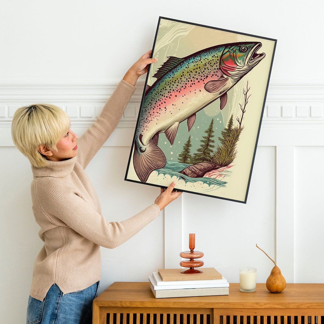 Rainbow Trout Fly Fishing Poster | Mountain House Cabin Decor | Fish ...