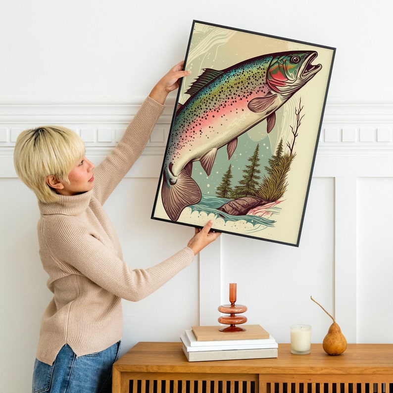 Rainbow Trout Fly Fishing Poster | Mountain House Cabin Decor | Fish ...