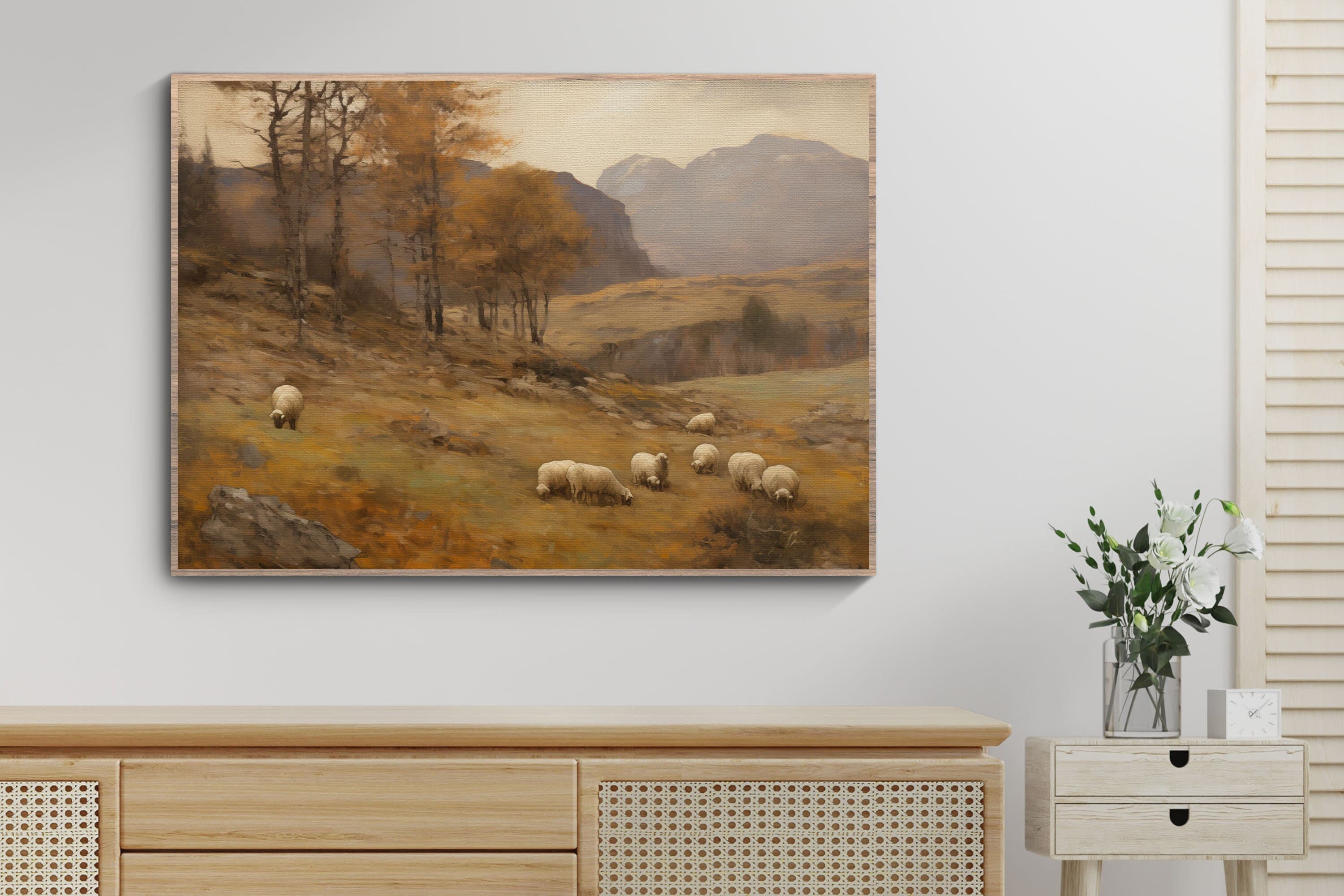Vintage Farm Fine Art Print, European Landscape, Sheep Grazing, Rural ...