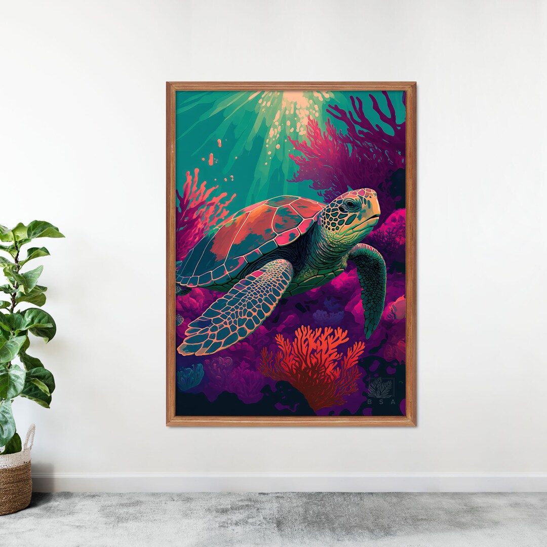 Sea Turtle Poster Print, Ocean Life Wall Decor, Tropical Beach Home ...