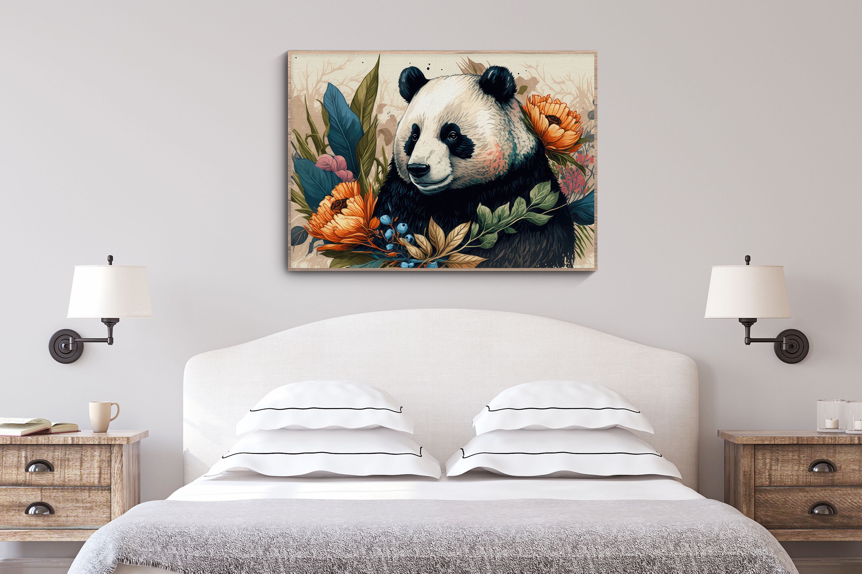 Modern Panda Bear Floral Poster Japanese Minimalist Artwork Prints ...