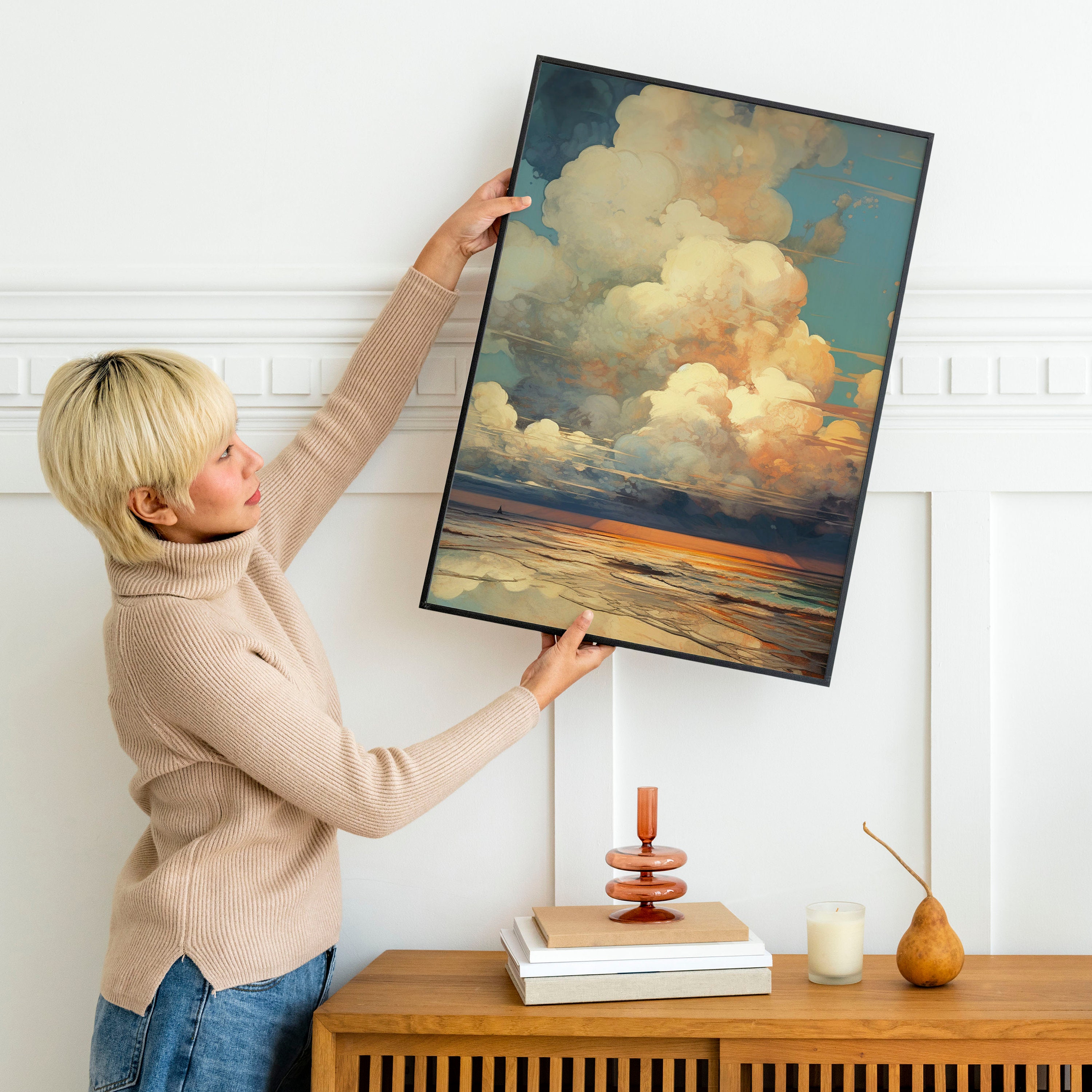 Pastel Clouds Ocean Sunset Print, Clouds and Sea Poster, Digital ...