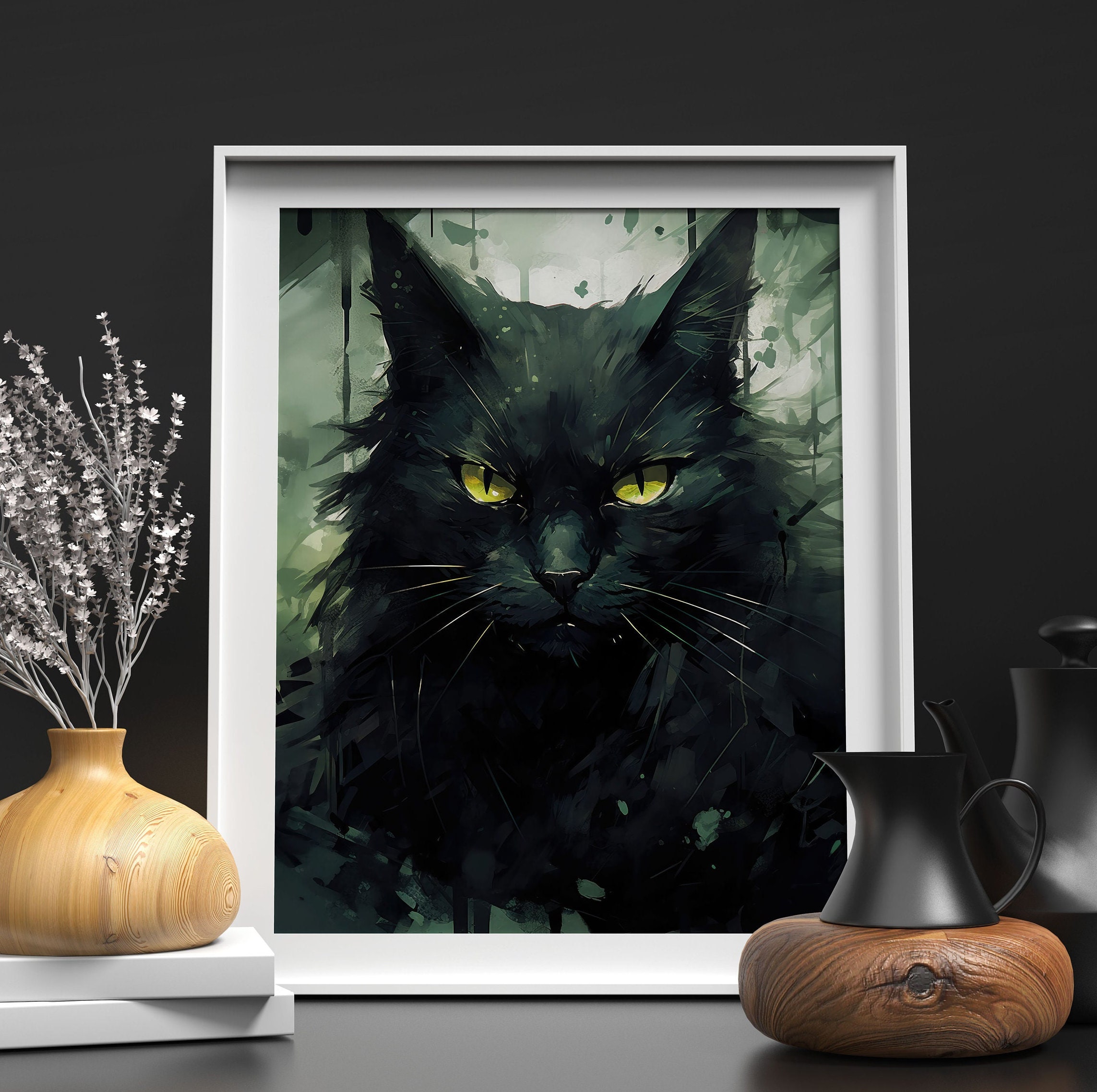 Black Cat Art Print, Dark Cat Wall Decor, Moody Cottagecore Wall Art ...