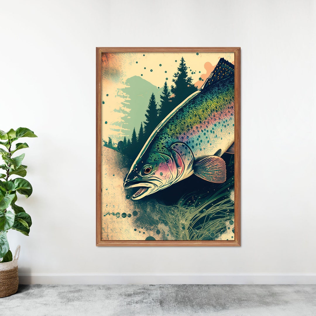 Rainbow Trout Fishing Poster, Mountain Cabin Decor, Modern Chic Decor ...
