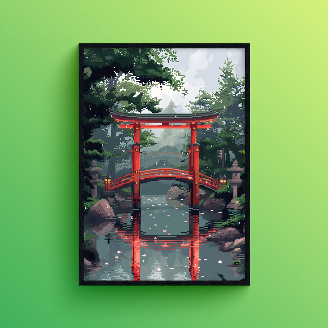 Pixel Art Japanese Red Torri Gate River Bridge, Art Digital Instant ...