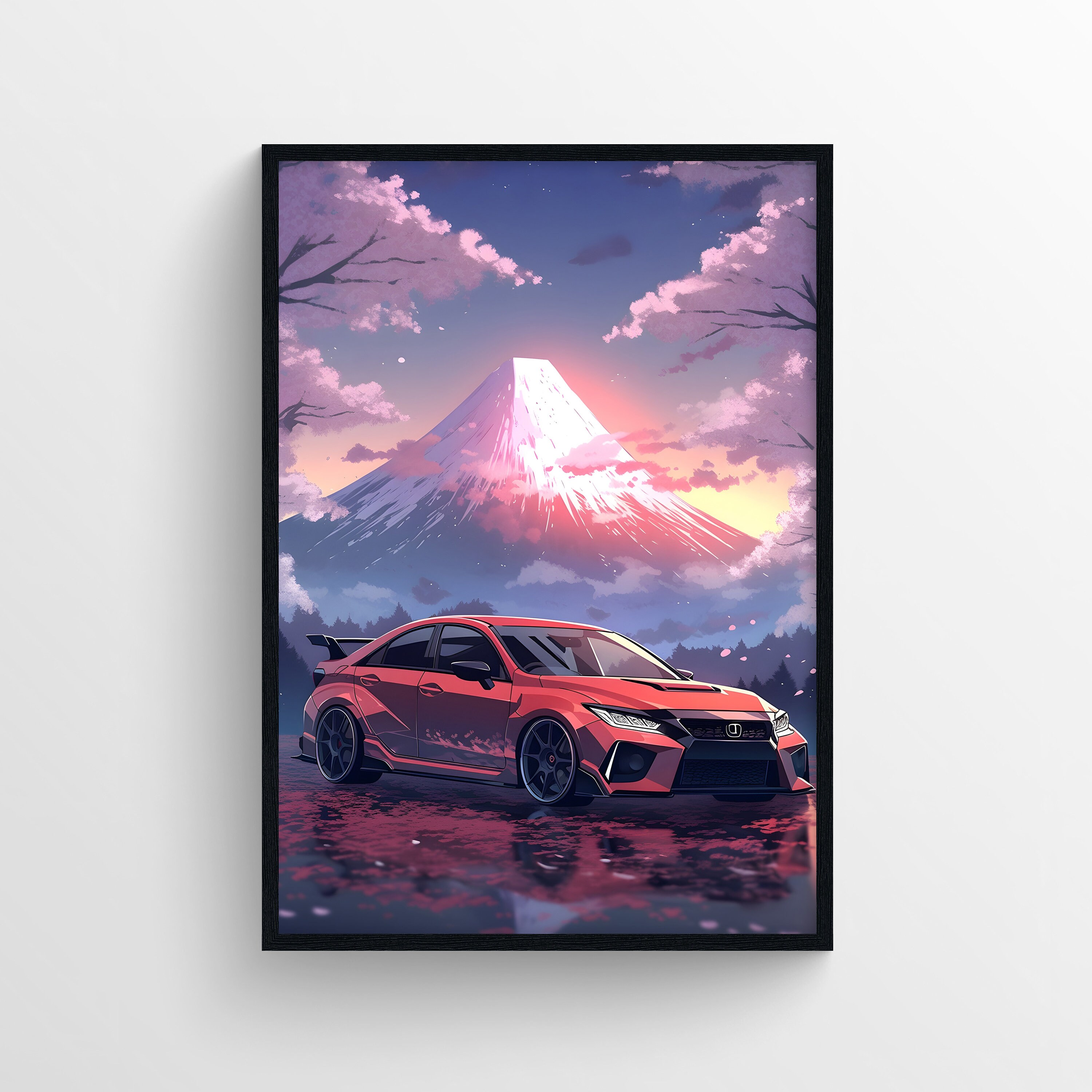 Red Honda Civic Sunset Mountain Pink Glow, Car Art Print Framed ...