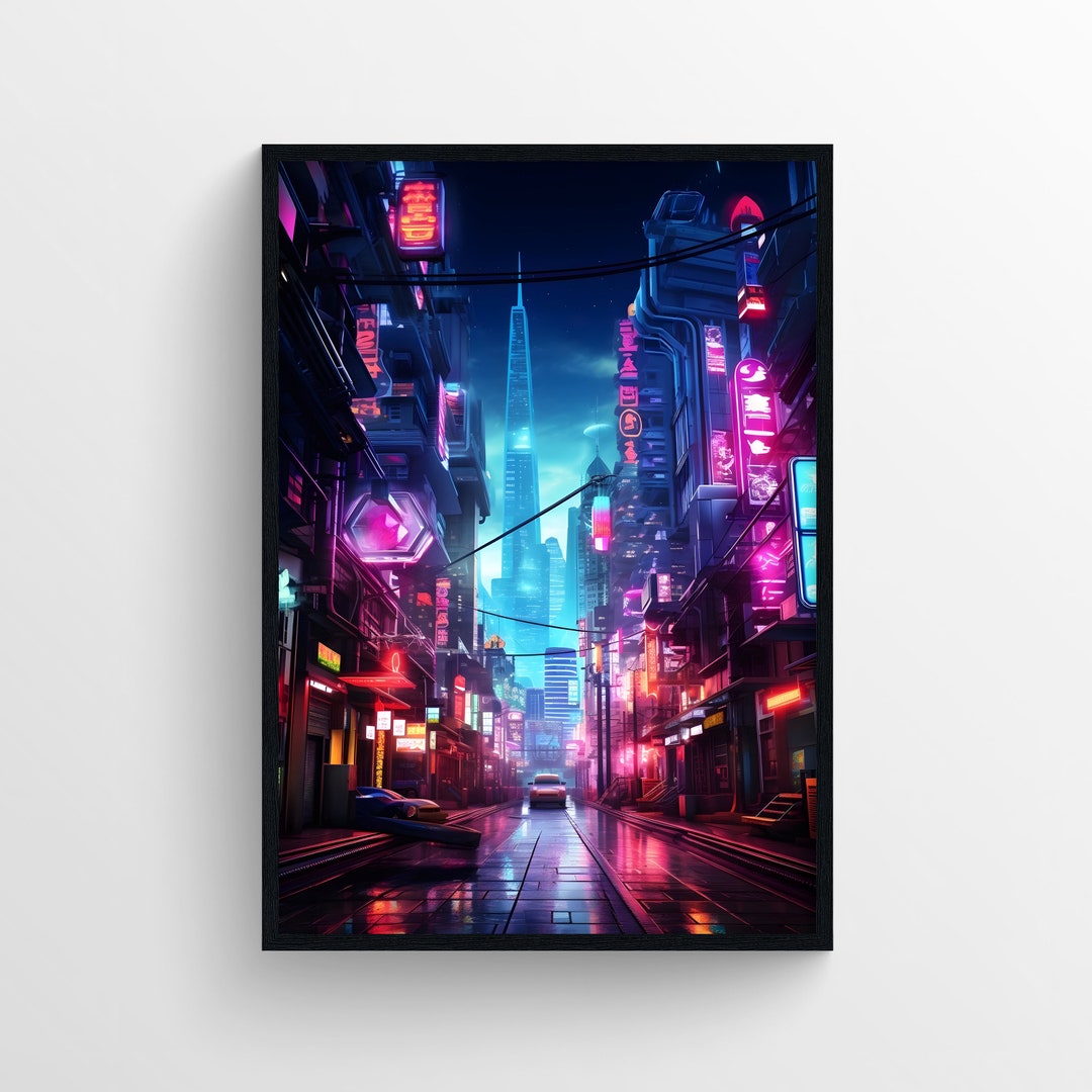 Cyberpunk Road Skyscrapers, Art Print Framed / Unframed / Canvas, Home ...