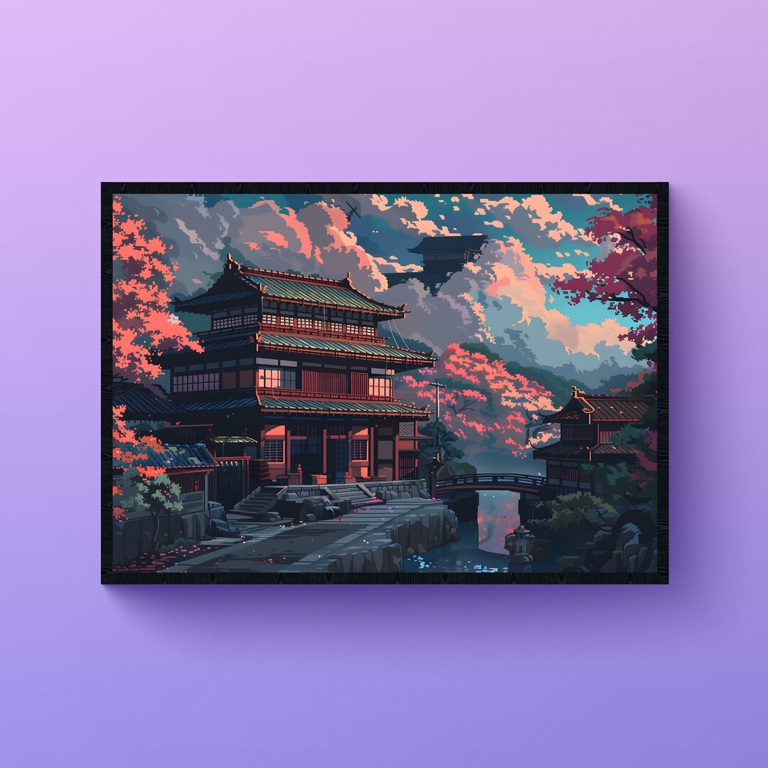 Vintage Japan Cloud Covered Village Pixel Art, Digital Art Instant ...