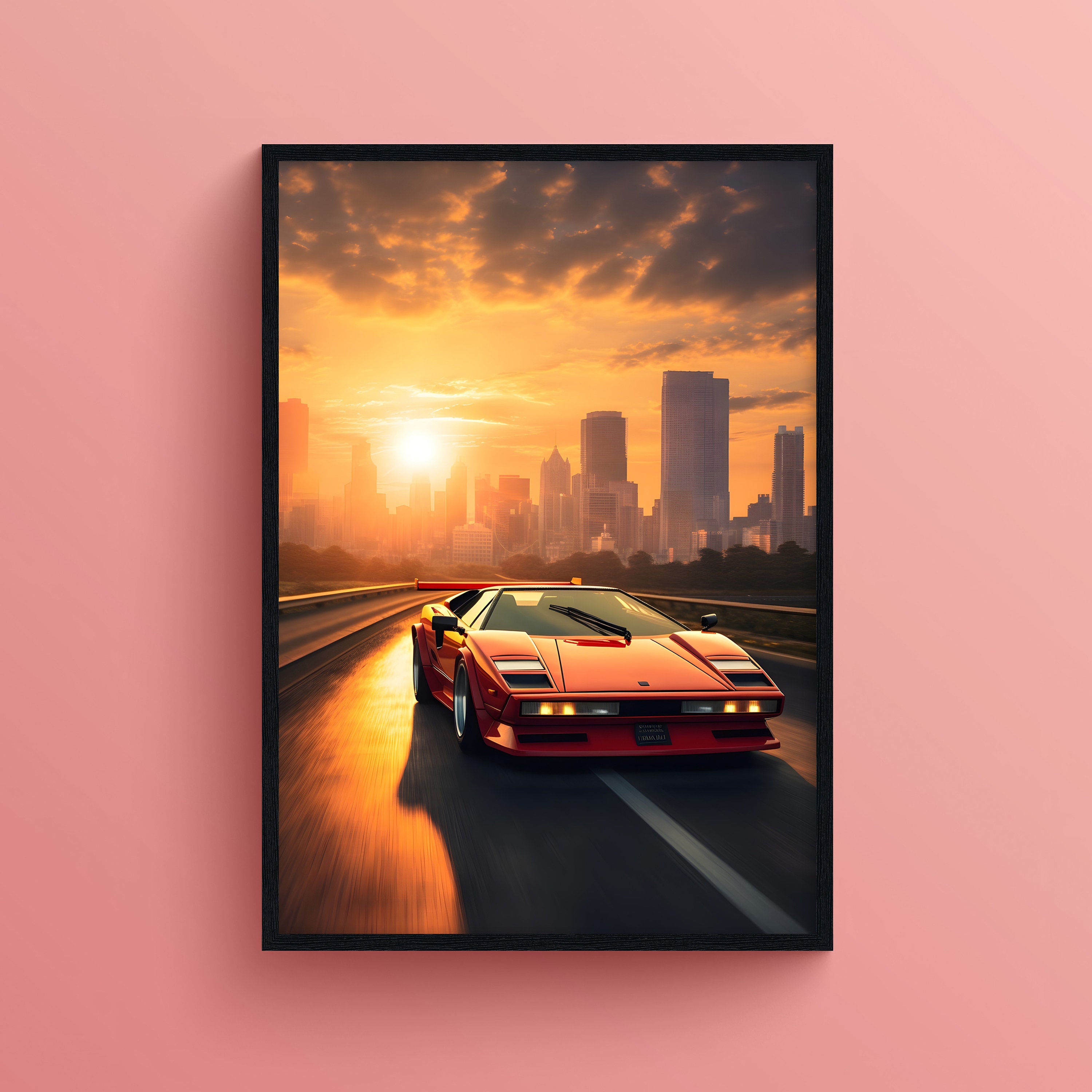 Lamborghini Countach City Sunset, Car Art Print Framed / Unframed ...