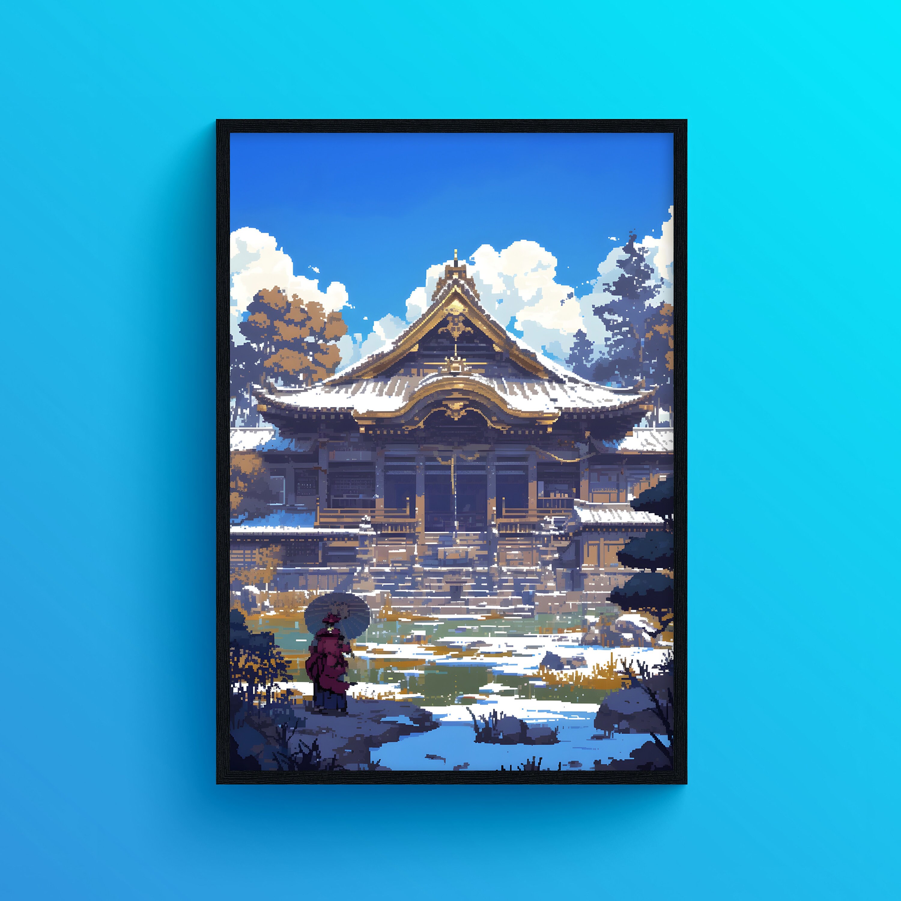 Pixel Art Japanese Girl Snowy Traditional House, Art Digital Instant ...