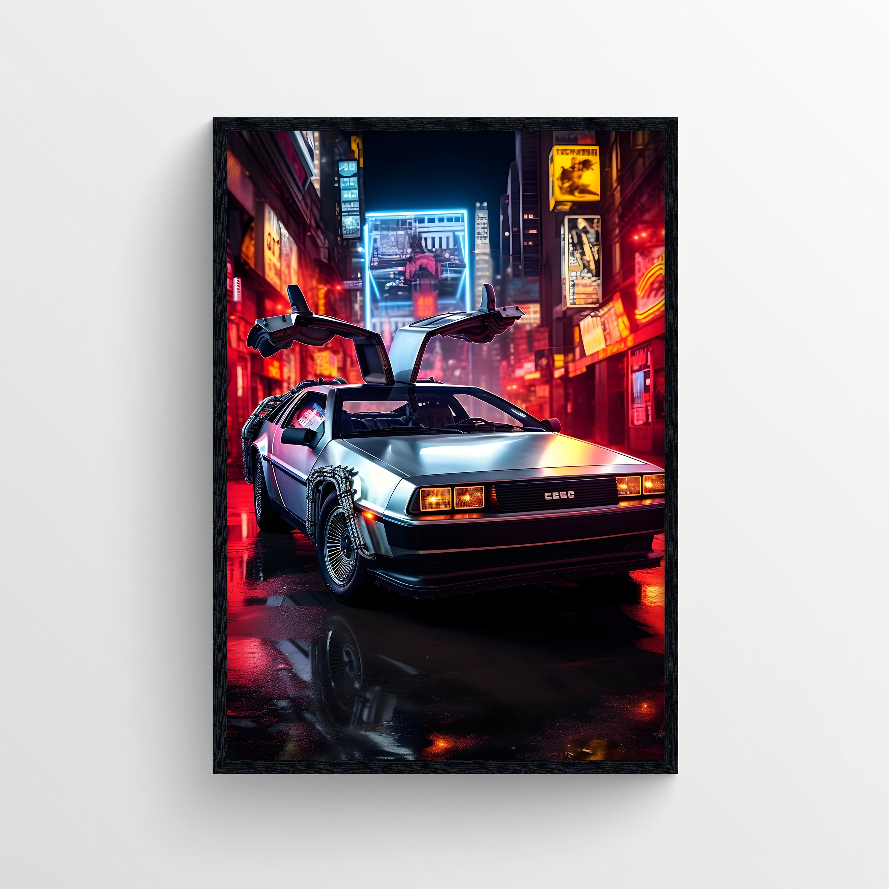 Delorean Downtown Neon Red Glow Cyberpunk, Car Art Print Framed ...