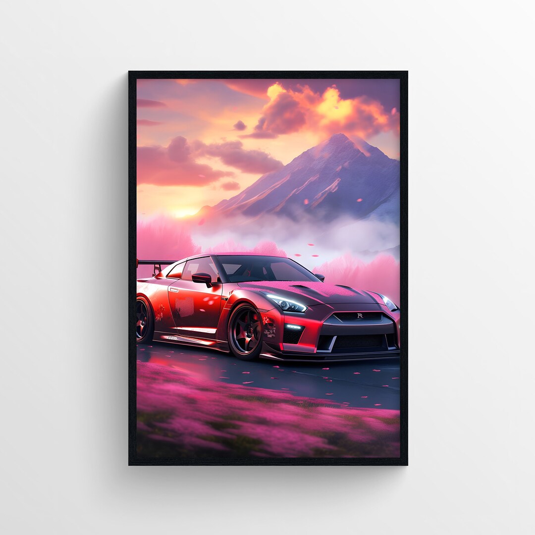 Red Sakura Nissan GTR Sunset Mountain, Car Art Print Framed / Unframed ...