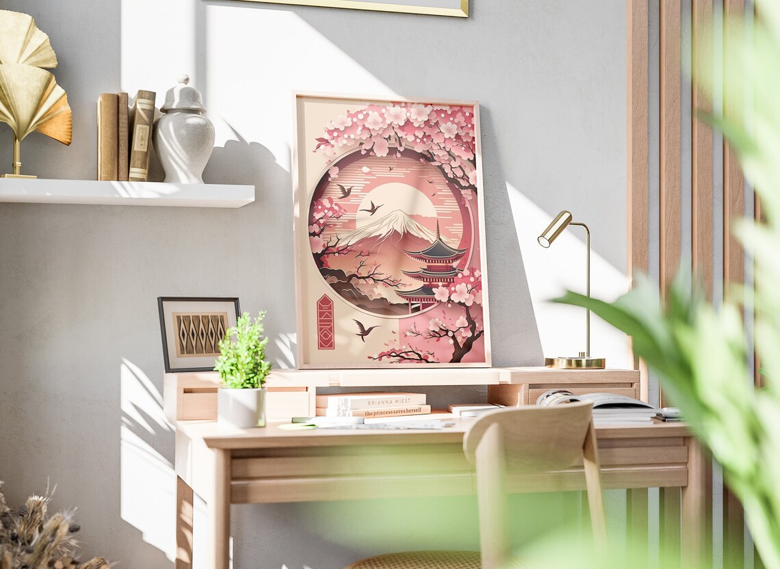 Digital Japan Pink Art Instant Download, Mountain Art Style, Printable ...