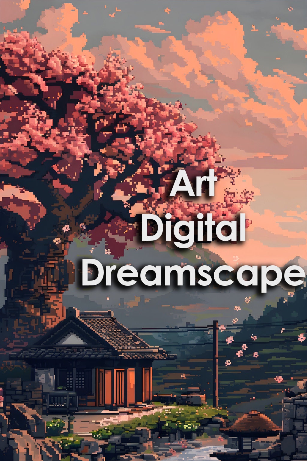 Japan Sakura Pink Tree House Pixel Art, Digital Art Instant Download ...