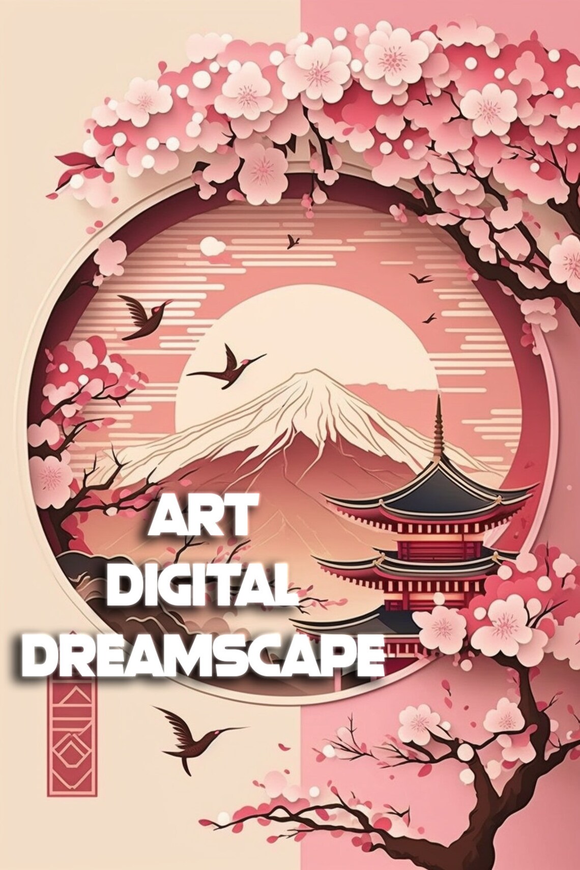 Digital Japan Pink Art Instant Download, Mountain Art Style, Printable ...
