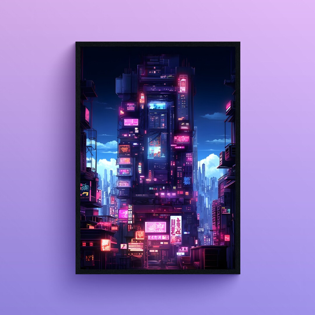 Cyberpunk Neon Signs Tower Town Skyscraper, Art Print Framed / Unframed ...