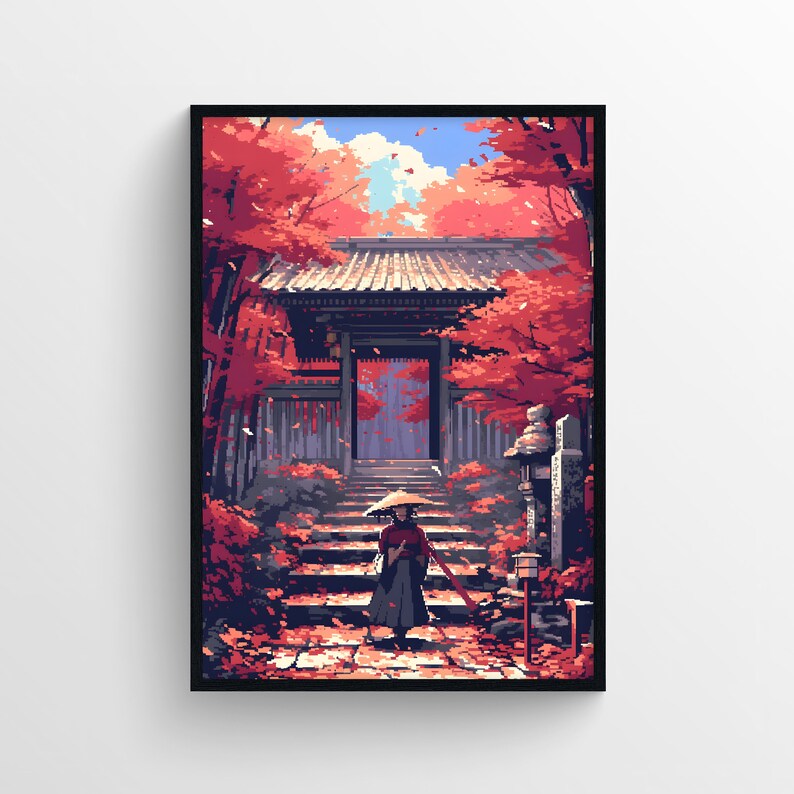 Pixel Art Japanese Girl Samurai Mountain Gate, Art Digital Instant ...