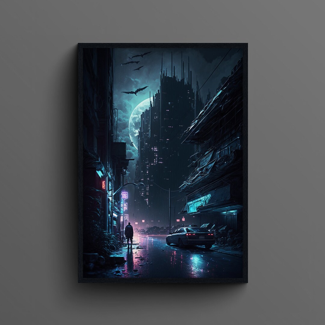 Tower Moon Ally Cyberpunk Skyscraper, Car Art Print Framed / Unframed ...