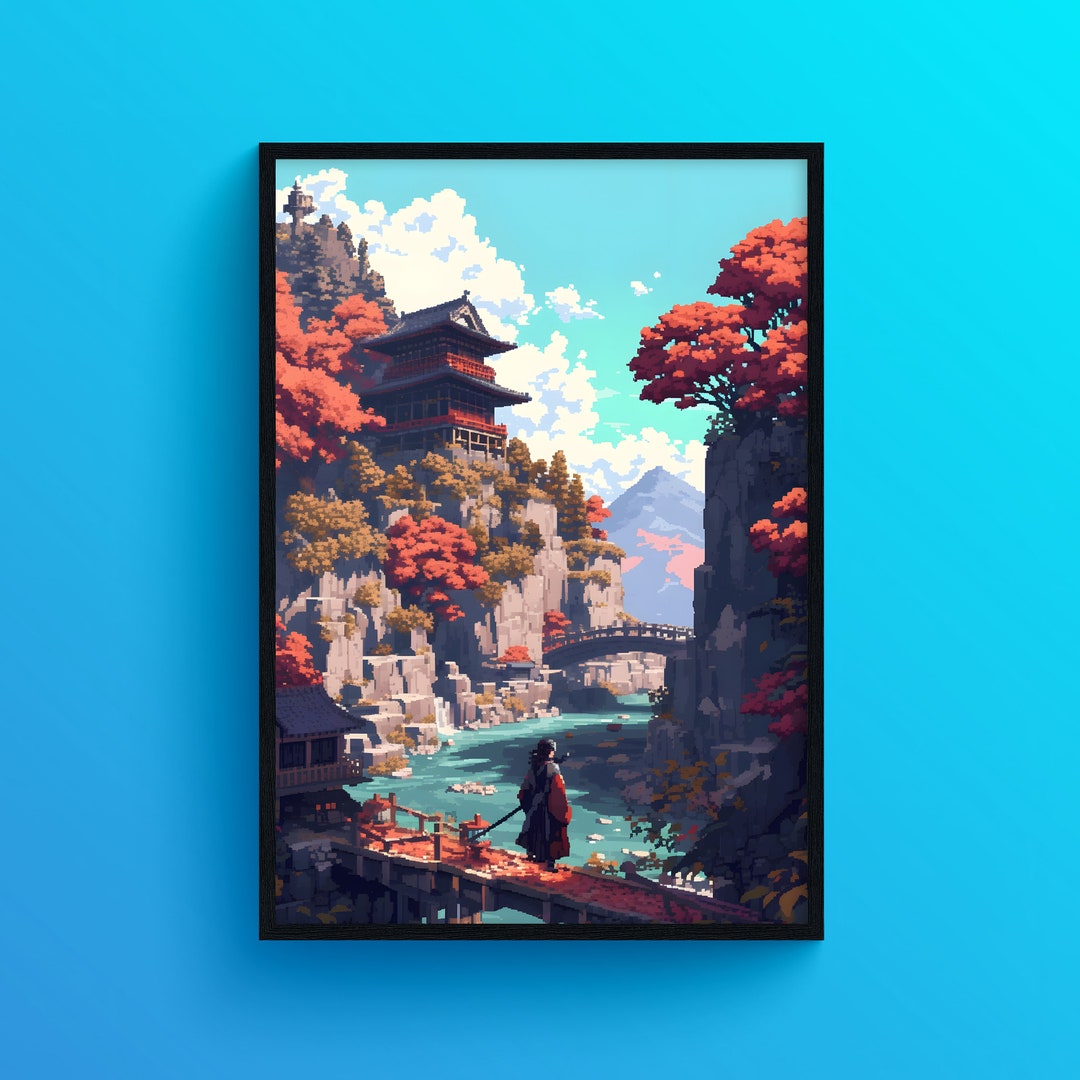 Pixel Art Japanese Samurai Mountain Village, Art Digital Instant ...