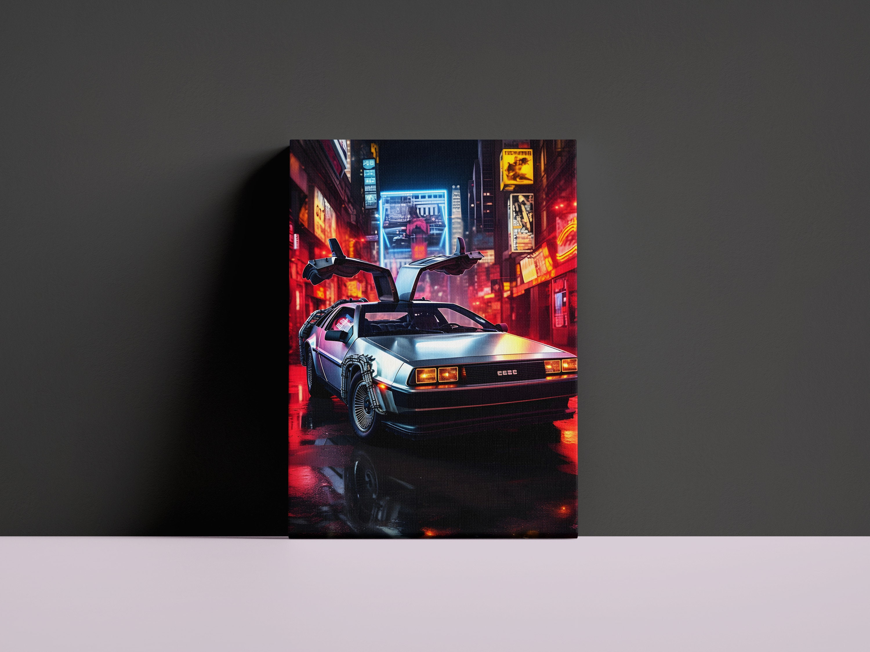 Delorean Downtown Neon Red Glow Cyberpunk, Car Art Print Framed ...