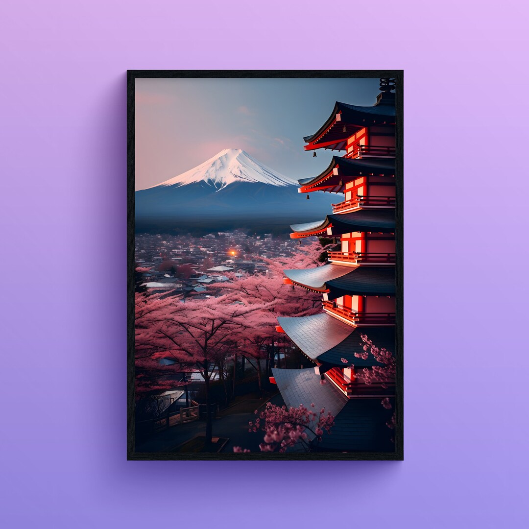 Japan Traditional Town Mount Fuji Tower Art Print Framed / Unframed ...