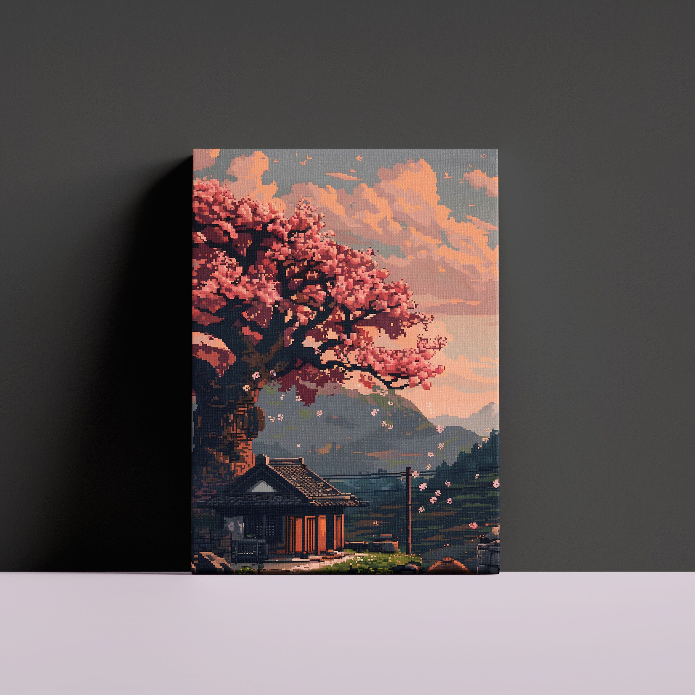 Japan Sakura Pink Tree House Pixel Art, Digital Art Instant Download ...