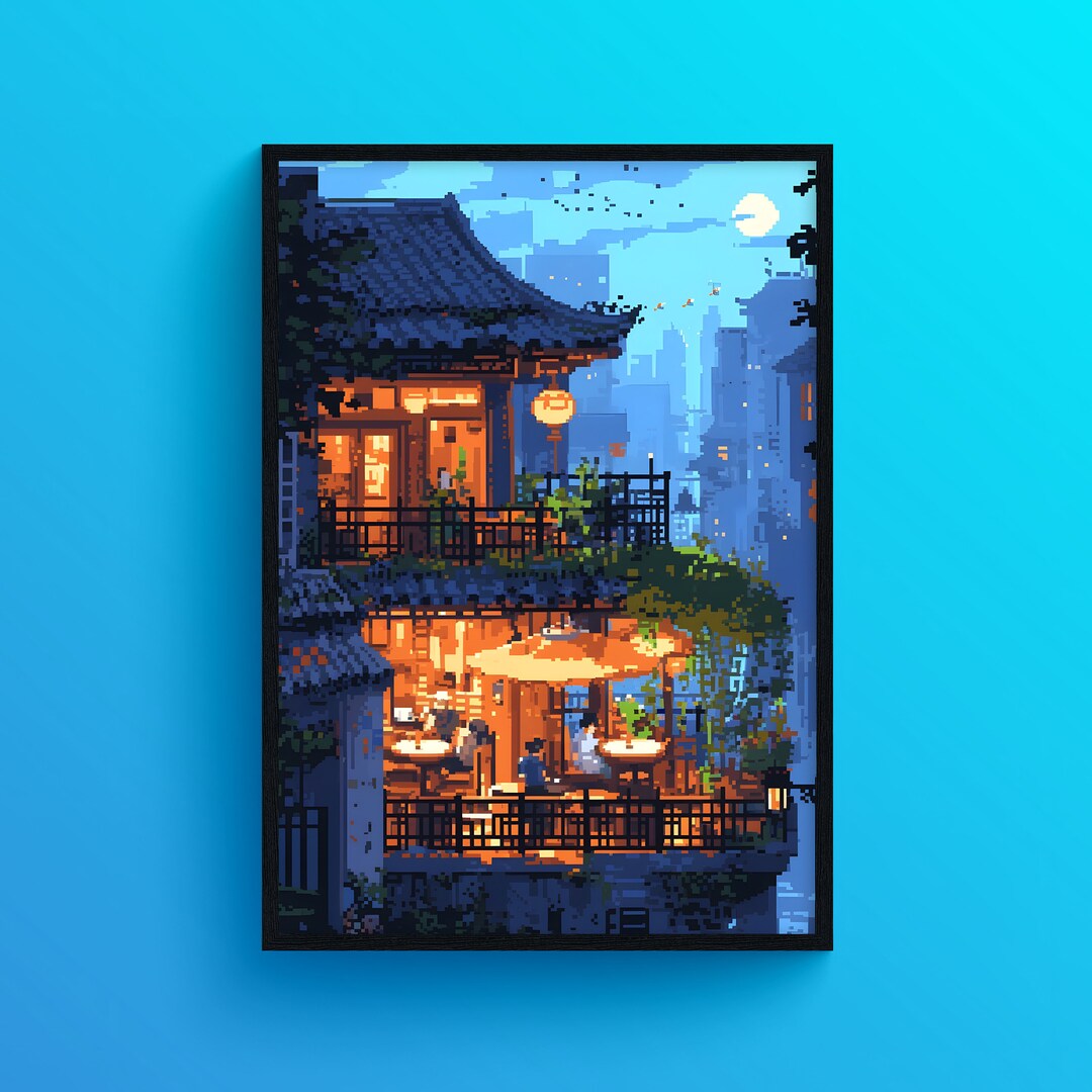 Pixel Art Bright City Apartment Balcony Sky, Art Digital Instant ...