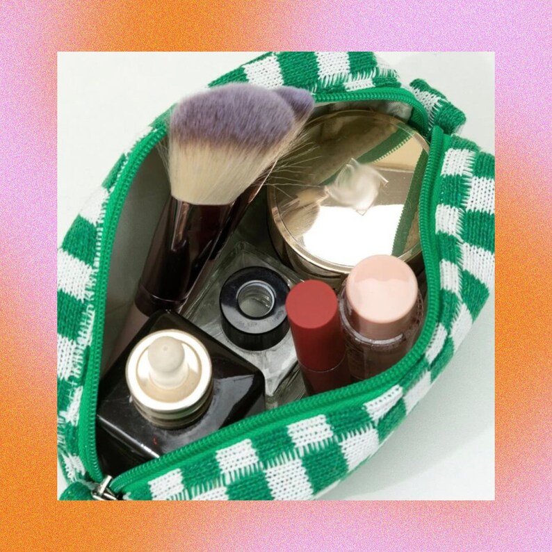 Green Checkered Cosmetics Bag, Travel Makeup Bag, Toiletries Pouch ...
