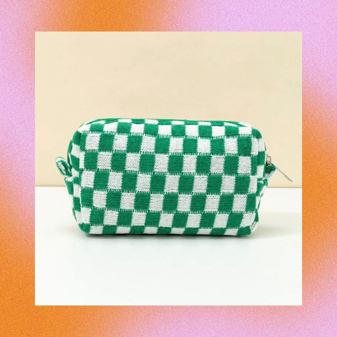 Green Checkered Cosmetics Bag, Travel Makeup Bag, Toiletries Pouch ...