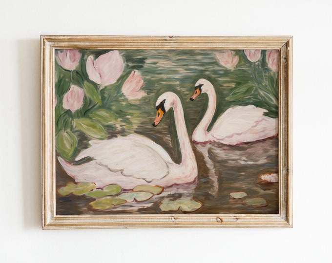 Pastel Swan in a Pond Oil Painting Print Soft Pastel Wall Art Pink and ...
