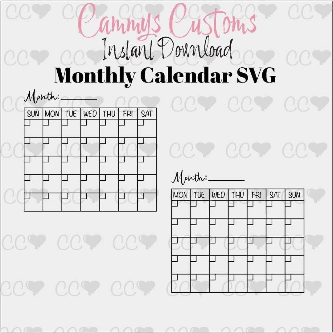 Monthly Calendar Bundle Set SVG Instant Download Monday & Sunday ...