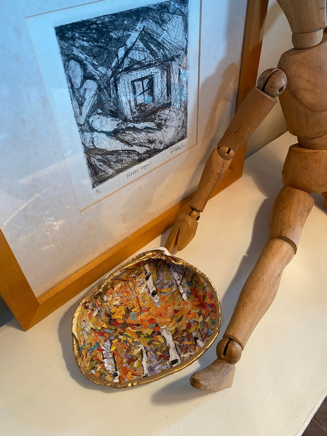 Colorful Leaves in White Birch Trees on Clam Shell, Trinket Dish ...