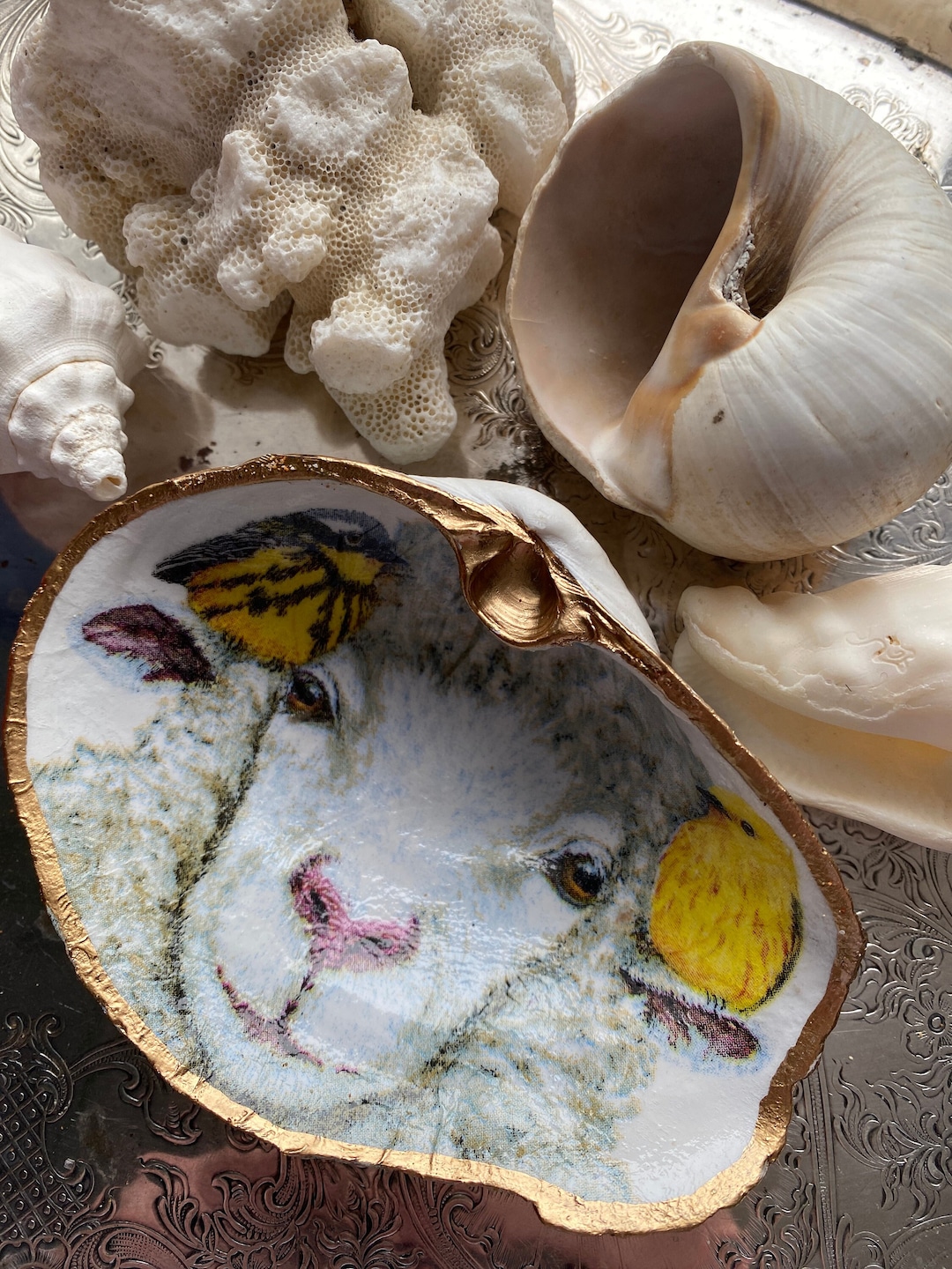 Sheep With Yellow Birds on Clam Shell, Trinket Dish, Jewelry Dish ...