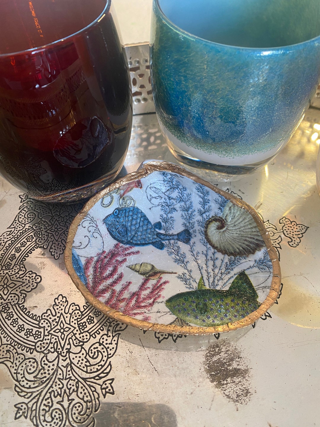 Colorful Seascape With Fish, Clam Shell, Trinket Dish, Jewelry Dish ...
