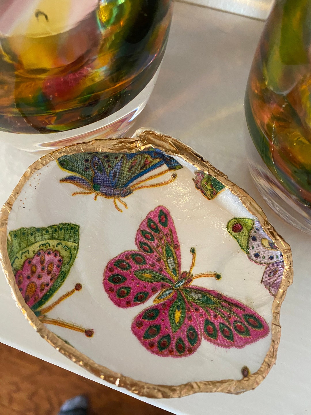 Colorful Butterflies on Clam Shell, Trinket Dish, Jewelry Dish, Beach ...