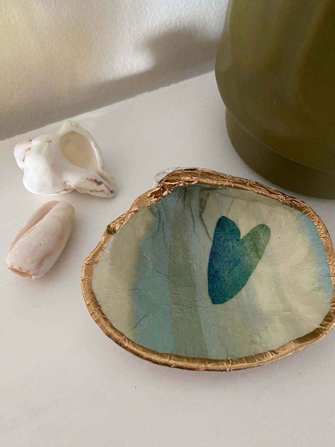 Green Blue Heart, Clam Shell, Trinket Dish, Jewelry Dish, Beach Decor ...