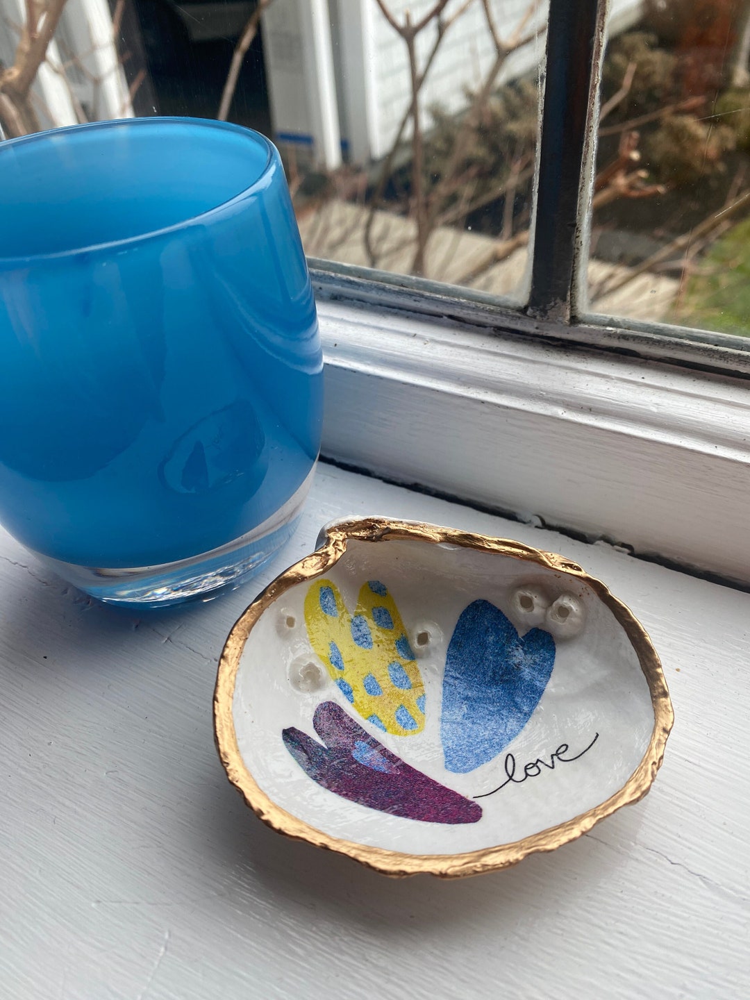 Colorful Love Hearts on Clam Shell, Trinket Dish, Jewelry Dish, Beach ...