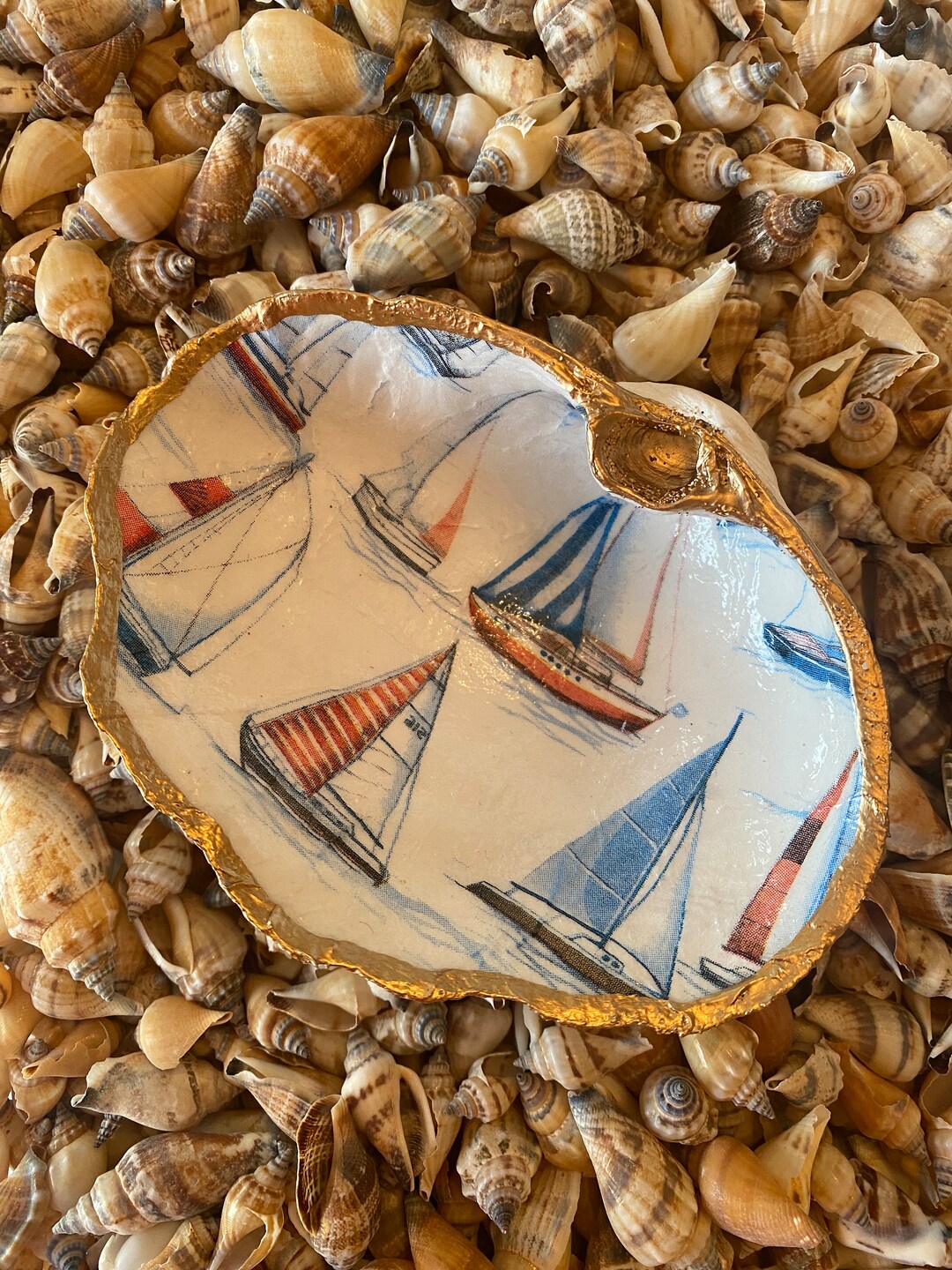 Sailboats on Large Clam Shell, Trinket Dish, Jewelry Dish, Beach Decor ...