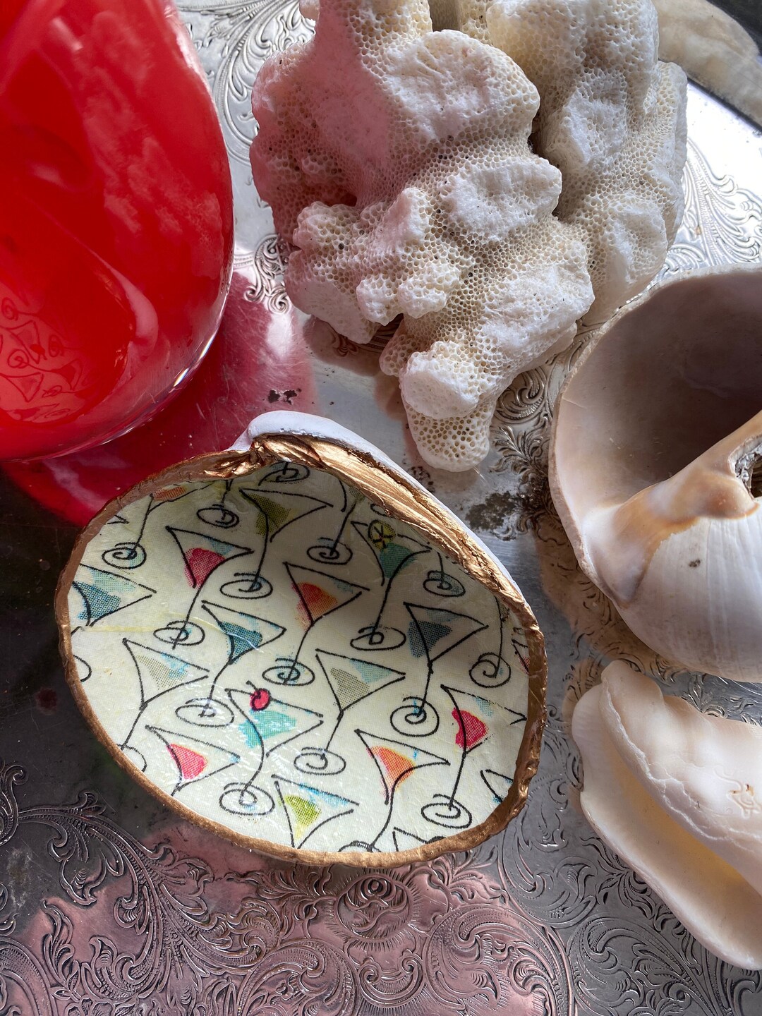 Martini Glasses on Clam Shell, Trinket Dish, Jewelry Dish, Beach Decor ...